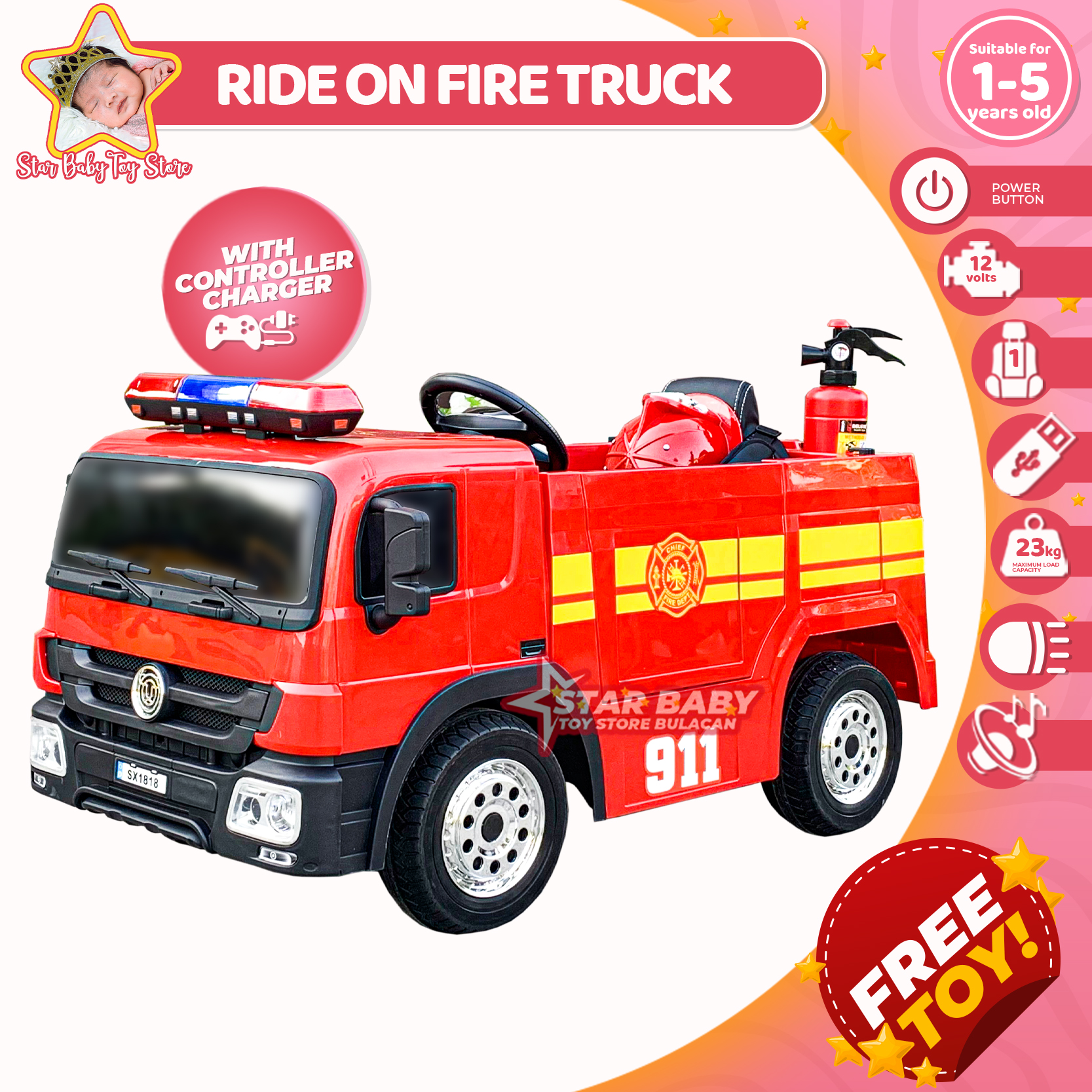 Star Baby Rechargeable Ride On Fire Truck for Kids | Lazada PH