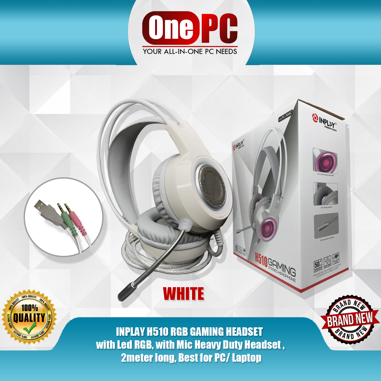 INPLAY H510 WHITE, RGB GAMING HEADSET with LED & Mic Heavy Duty Headset ...