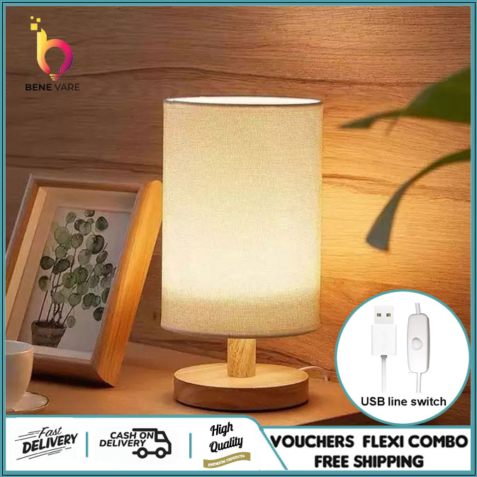 Desk Lamp Fabric Art Wood Study Table Lamp LED Night Light Lampshade ...