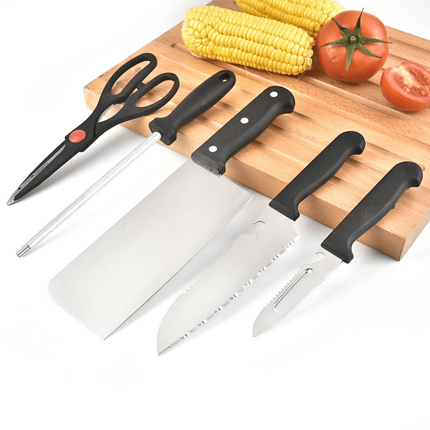 6pcs Wooden Kitchen Knife Set , Stainless Steel Knife Sharpener Forged ...