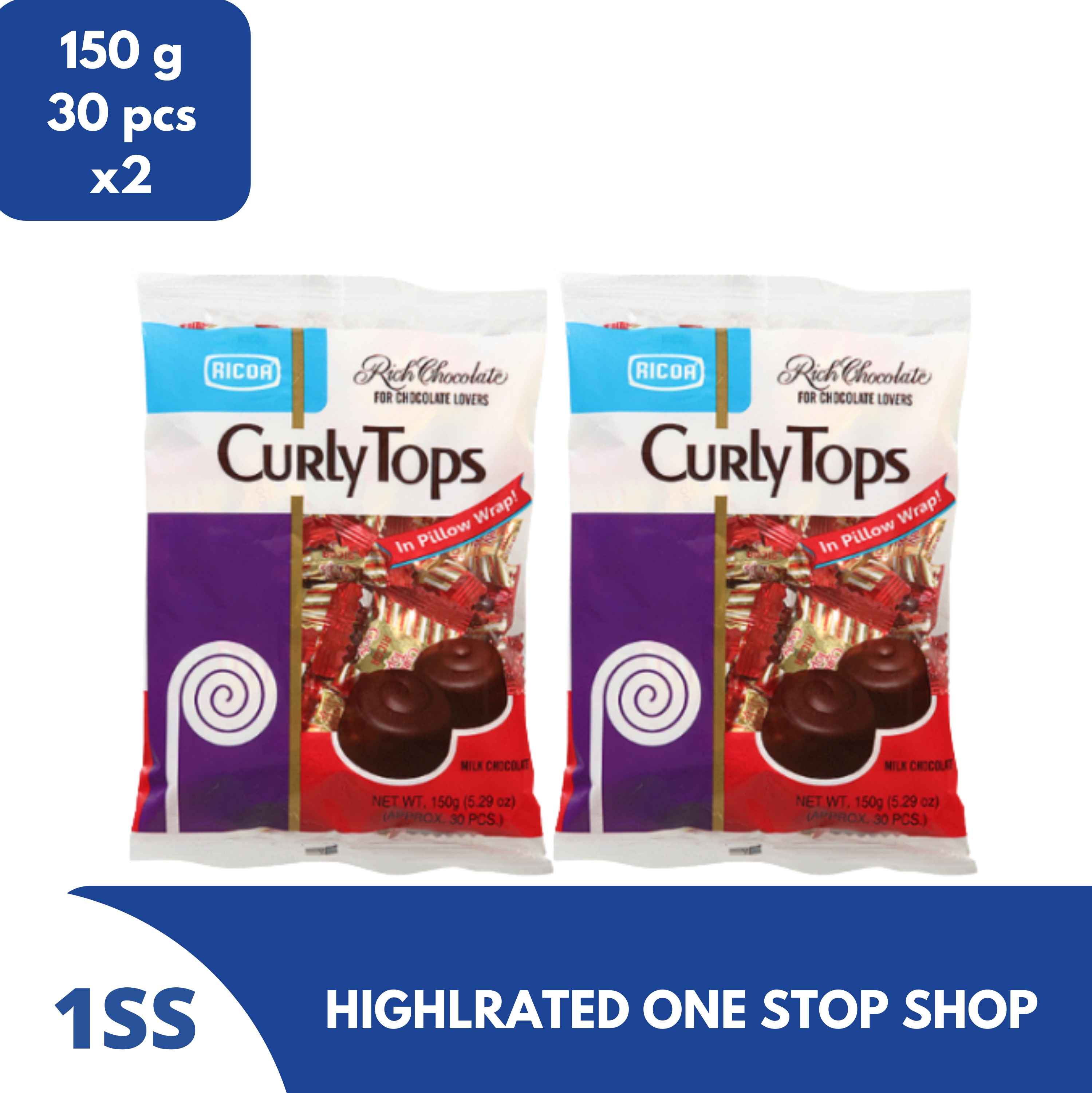 Ricoa Curly Tops Chocolate in Pillow Wrap, 150g x 30pcs, Set of 2 ...