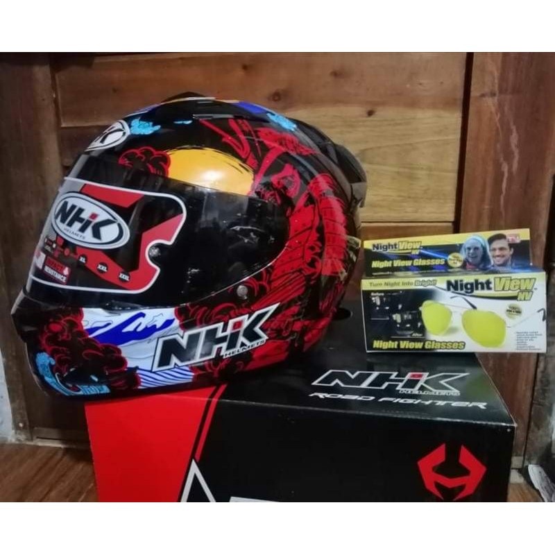 NHK Race Pro Samurai Black Metallic Glossy Helmet with FREE Nightview ...
