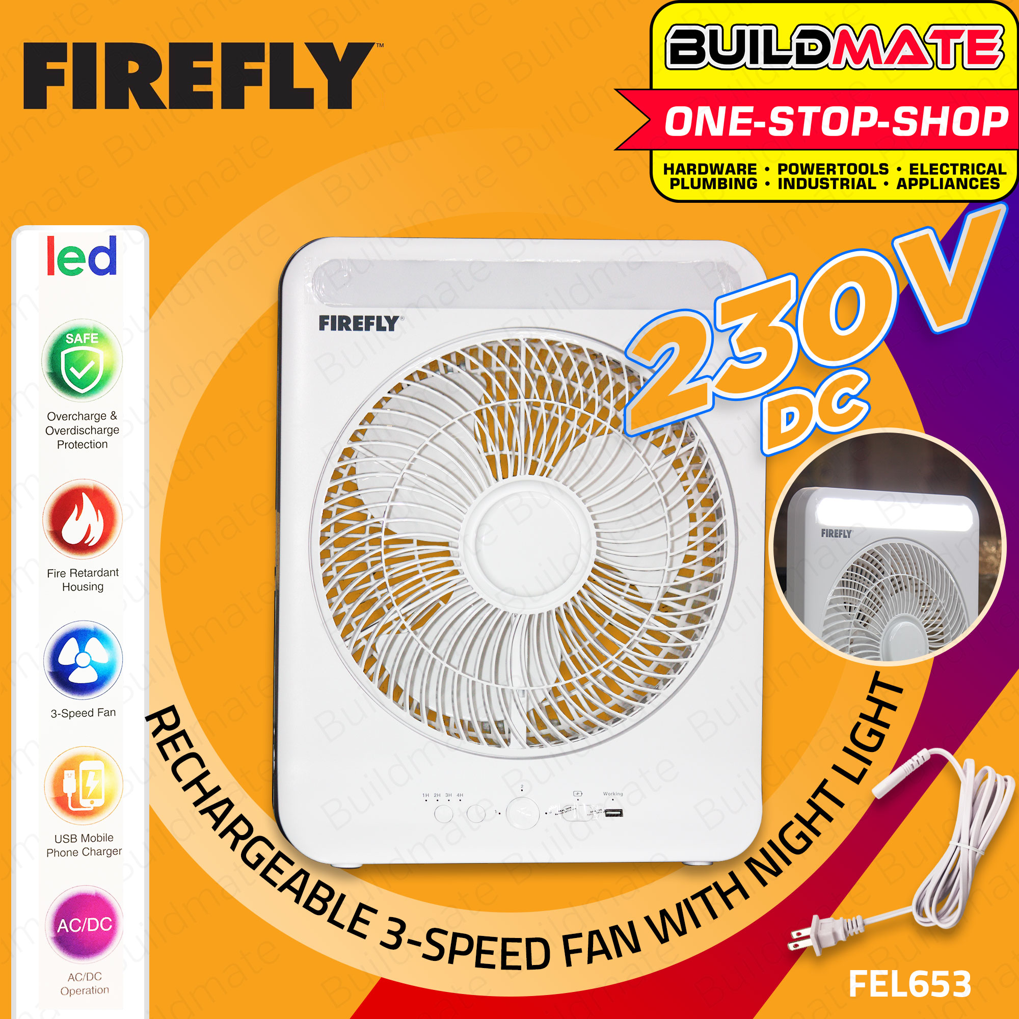 FIREFLY 12" Rechargeable 3 Speed Fan with Night Light FEL-653 FEL653 ...