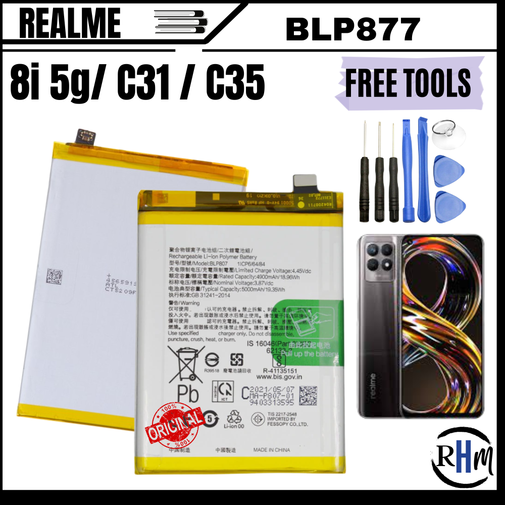 New REALME 8, 8i 5g, C31, C35 Battery, Model: BLP877 (5000mAh) Original ...