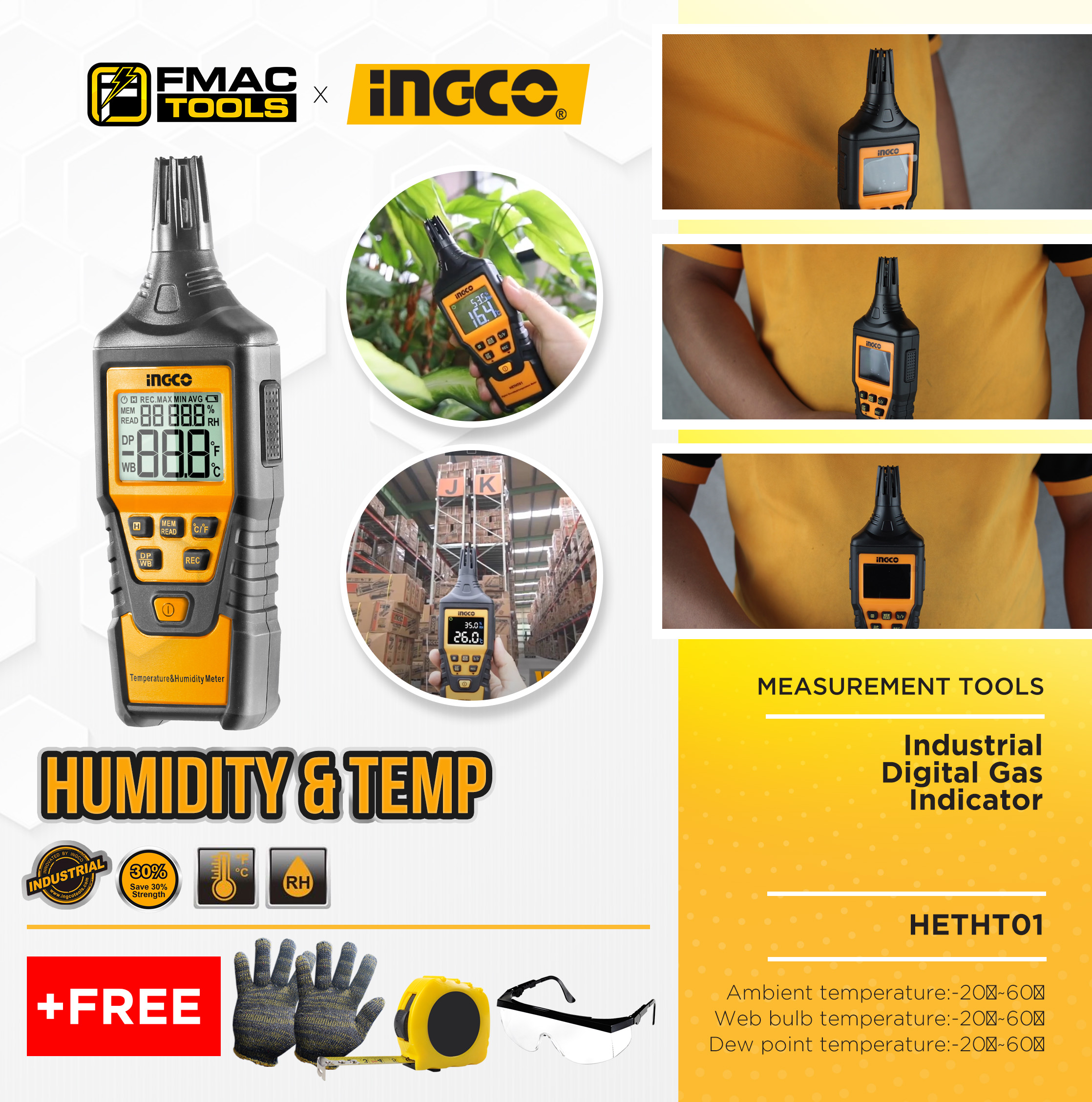 INGCO Industrial Digital Humidity & Temperature Meter HETHT01 ...