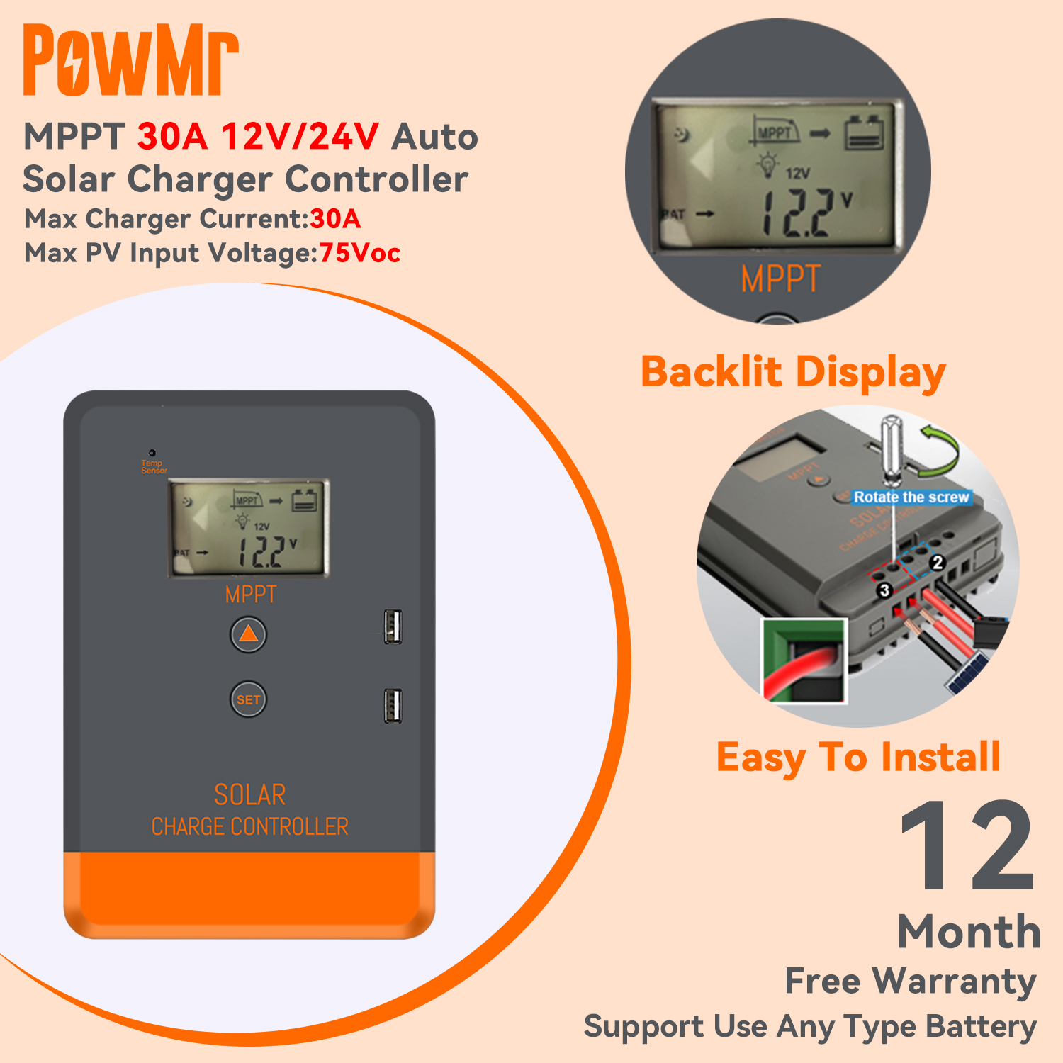 PowMr MPPT Solar Charger Controller 20A 30A 40A 12V 24V Solar Panel Regulator LCD Display ...