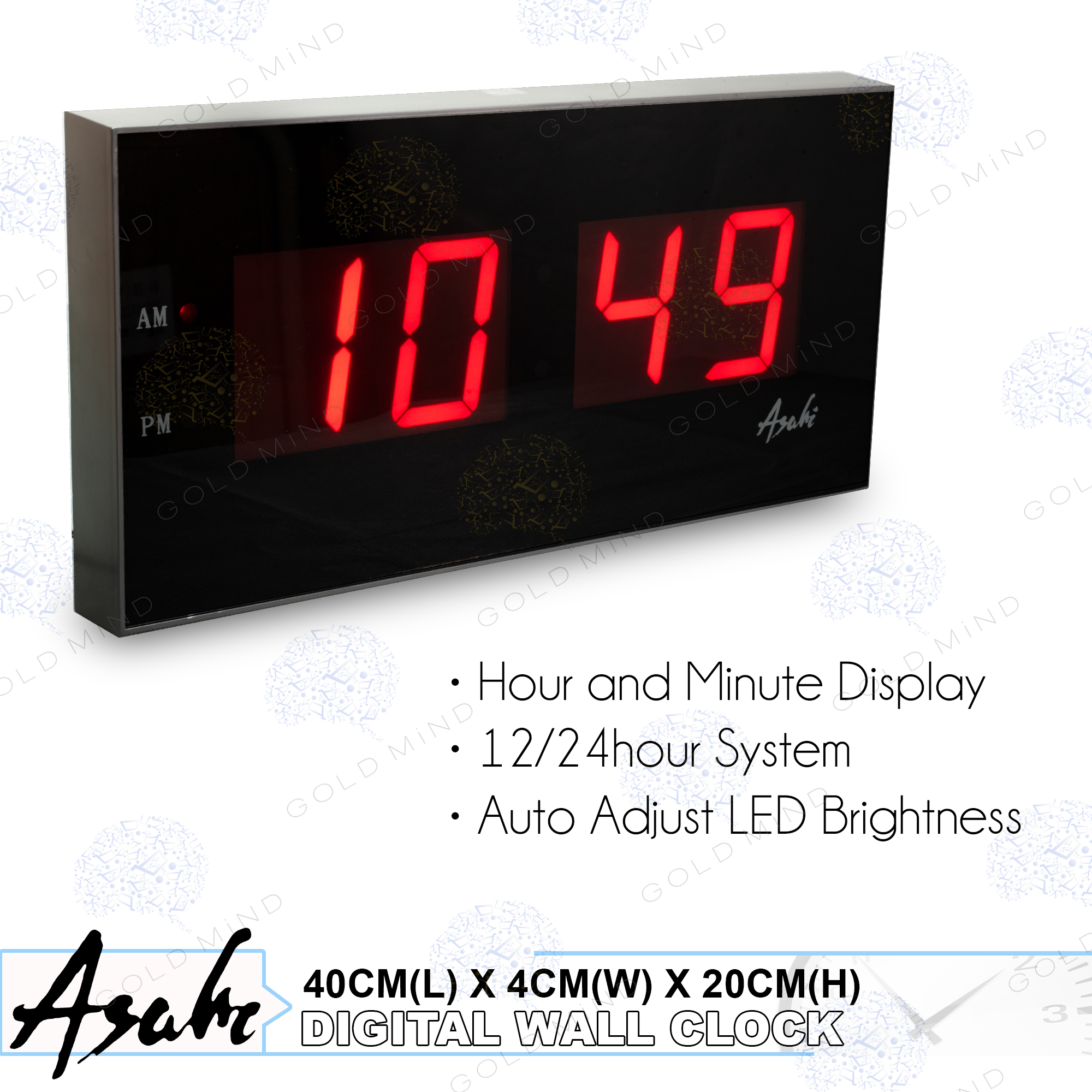 Asahi Wall Clock Auto Adjust LED Brightness w/ Alarm 40x4x20cm - Gold ...