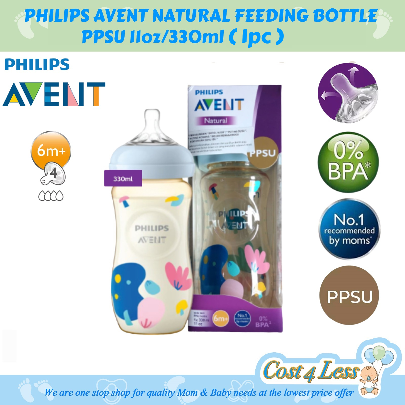 COST4LESS Philips Avent Natural Feeding Bottles PPSU 11oz/330ml (6m ...