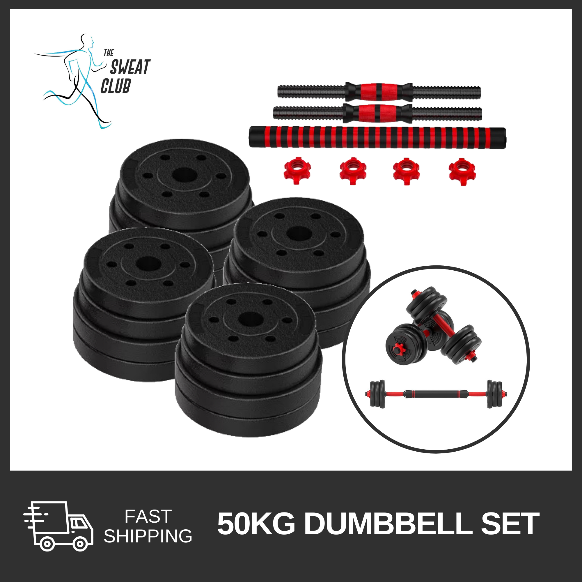 50KG Adjustable Dumbbell Set Barbell Set With Long Bar Sports Women Men ...
