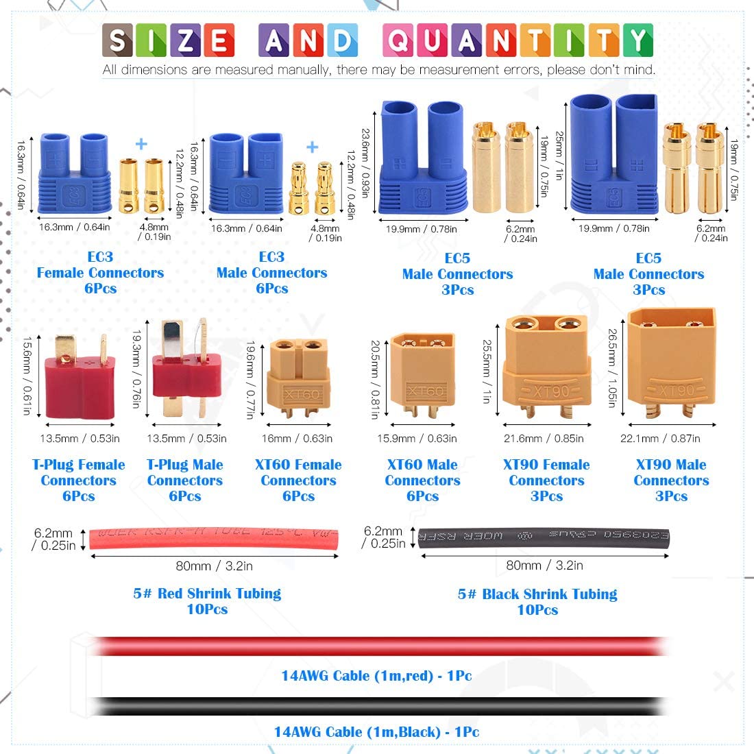 76pcs/90pcs T-plug / Xt60 / Xt90 / Ec3 / Ec5 Male & Female Plug Adapter ...
