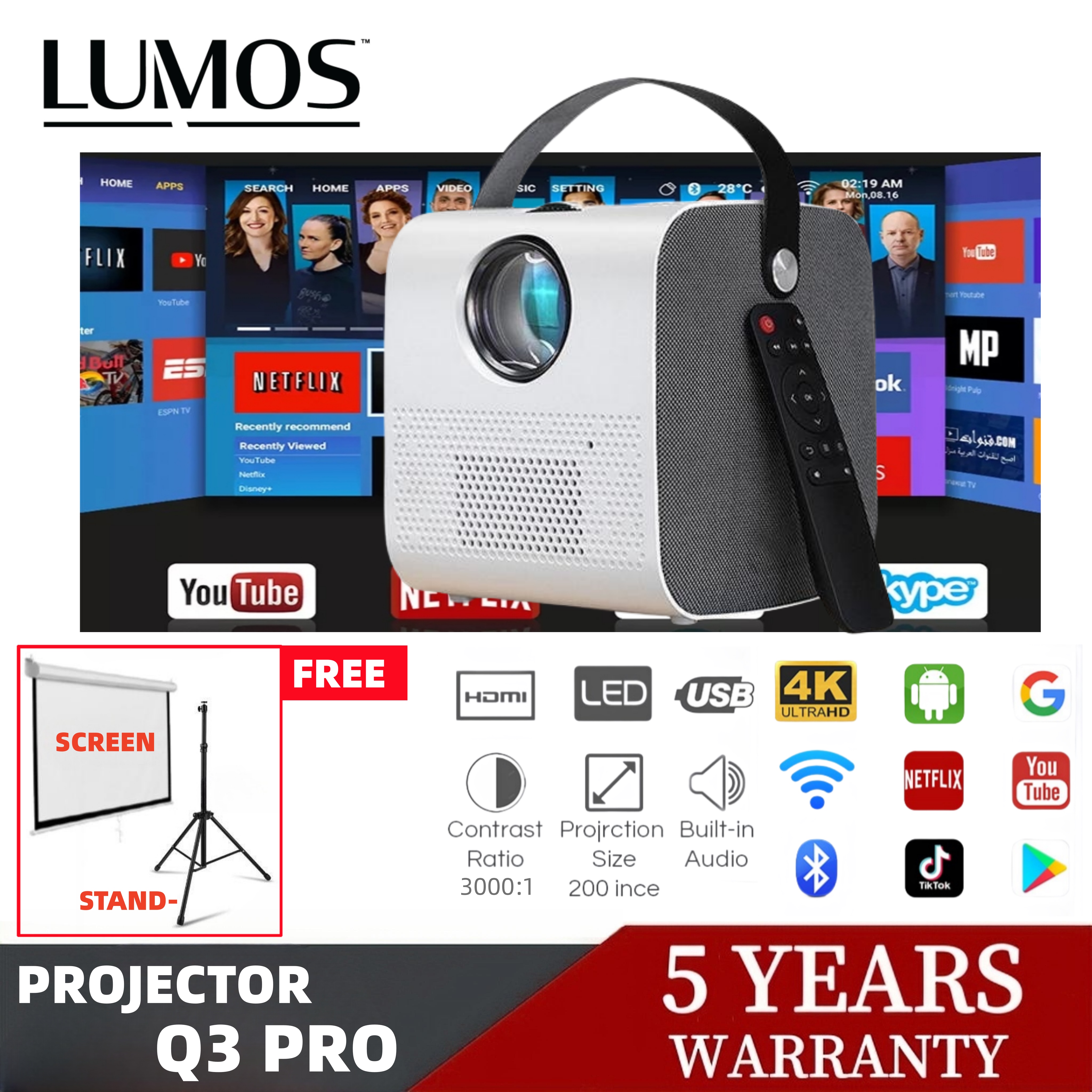 Projector Q3 Pro 4K UHD Projector Resolution Built-in Android OS Portable Mini Quality 30-150 ...