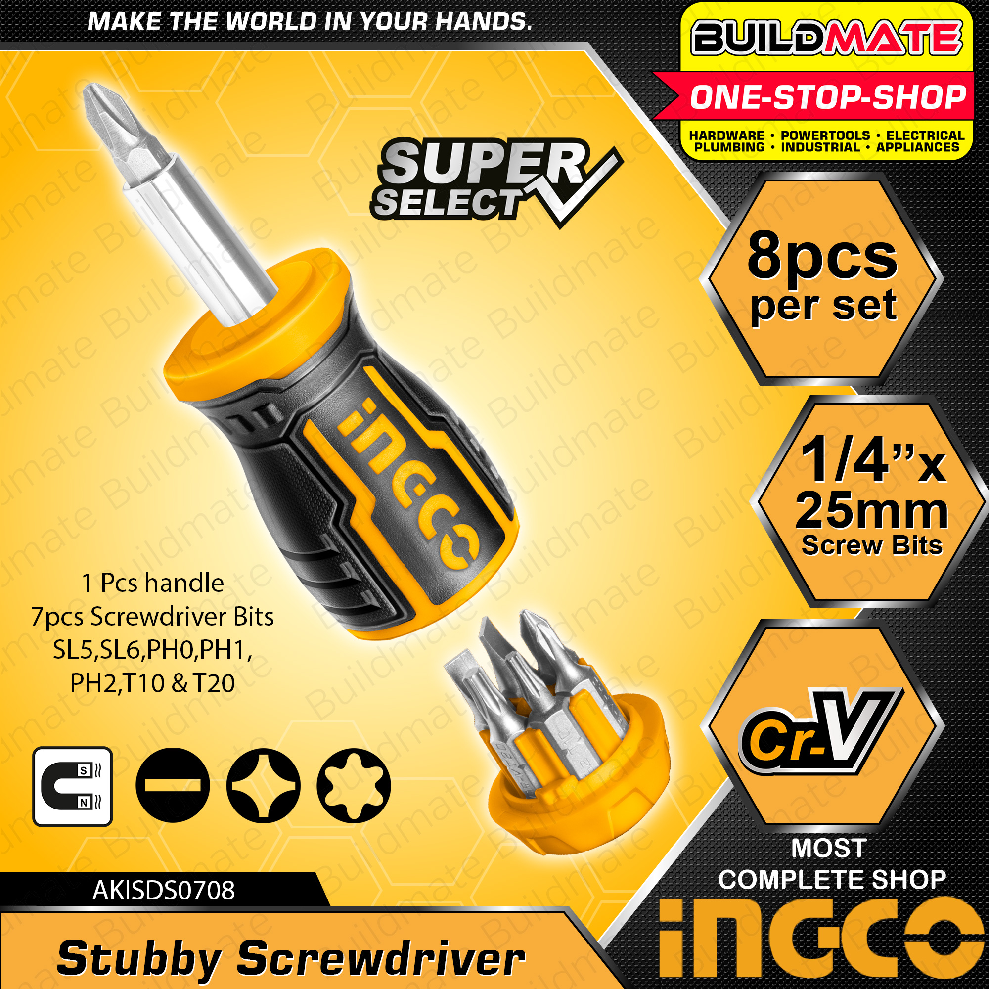BUILDMATE Ingco 8in1 25mm Stubby Screwdriver Set Short Screw Driver Flat & Philip Screw Bits ...