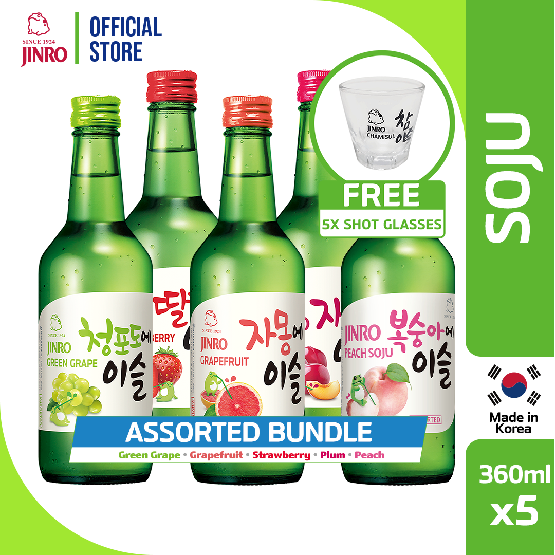 Jinro Assorted Flavors Soju 360 ml Pack of 5 FREE 5 Shot Glasses ...