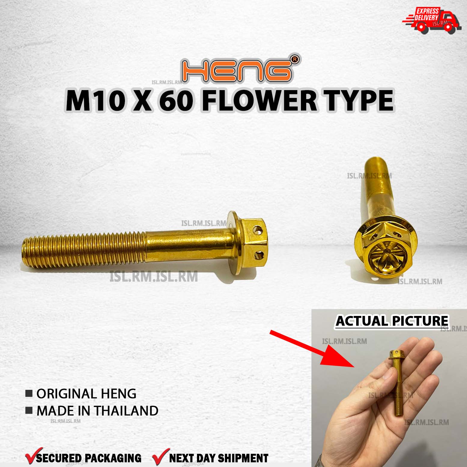 Original Heng Pipe bolt 10x60 flower type Gold Bolt No fade 1pc Made in ...