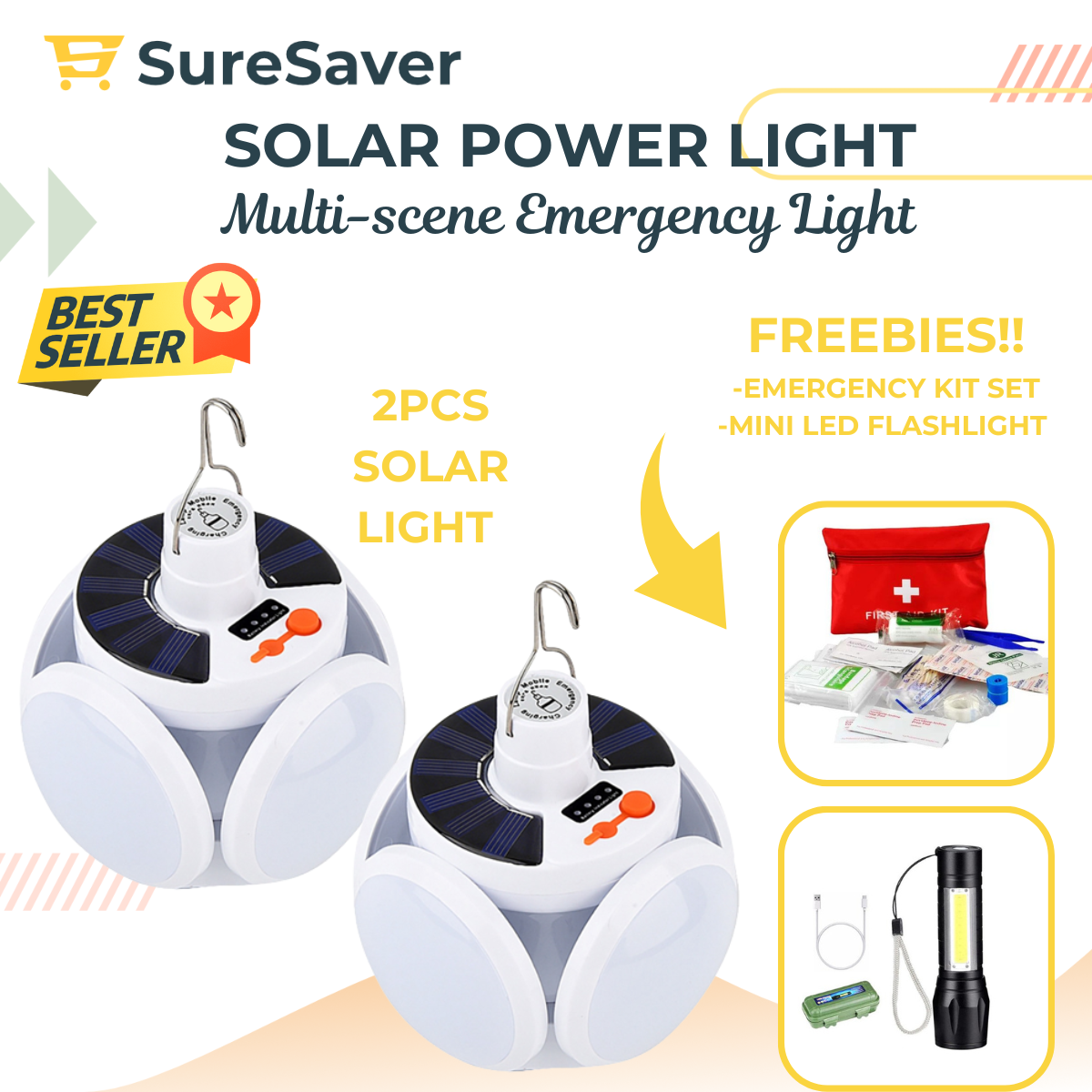 2PCS SOLAR POWER LIGHT 45W WITH FREEBIES COMPLETE Set Emergency Kit AND ...