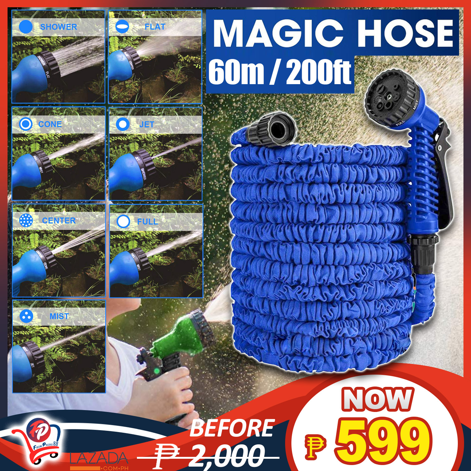 Magic Hose 60m 200ft Expandable Flexible Plastic Hose With Spray Gun ...