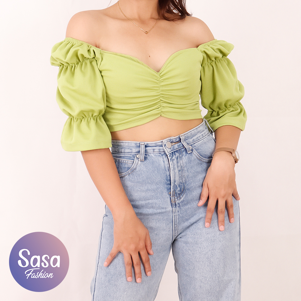 SASA Filipiniana V Neck Crop Top Puff Sleeve Blouse Tops MEDINA | Lazada PH