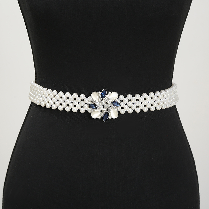 Elegant Women Pearl Waist Belt Elastic Buckle Pearl Chain Belt Female ...
