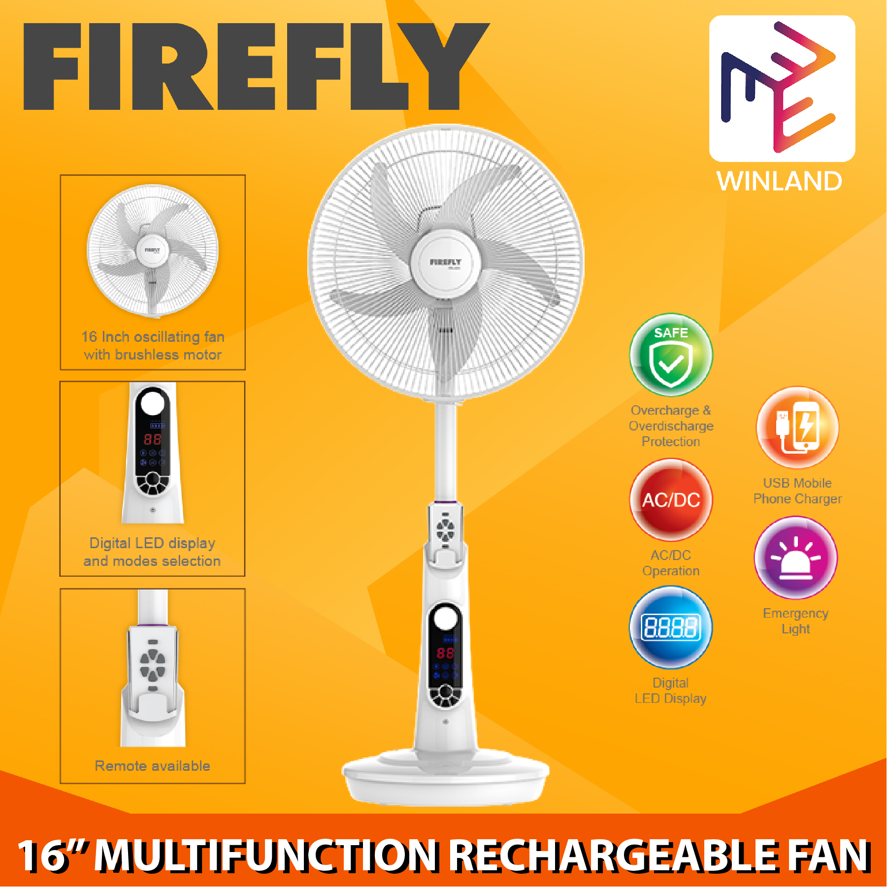 FIREFLY by Winland Rechargeable16inch Fan with Digital LED Light ...