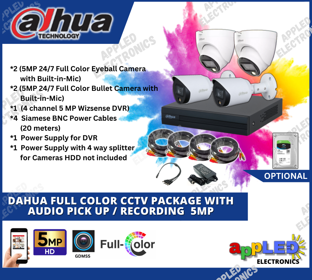 DAHUA Full Color CCTV Package with Audio 5MP 4 24/7 Full Color Cameras ...