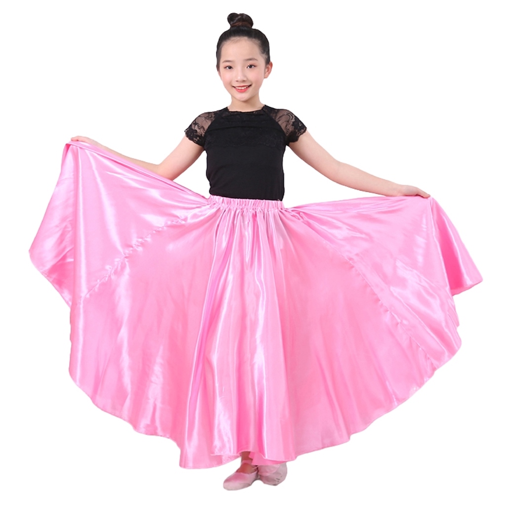 Kids Spanish Gypsy Flamenco Skirt Girls Belly Dance Satin Swing Skirt ...