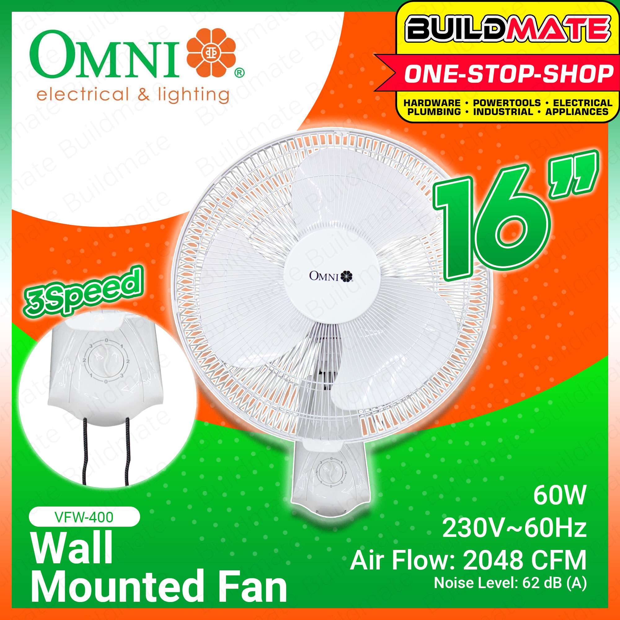 OMNI Wall Mounted Electric Fan 16" Inch 3 Speed Powerful Air Flow Wall ...