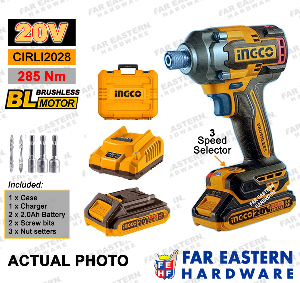 INGCO Cordless Brushless Impact Driver 20V 1/4" Hex CIRLI2028 ...