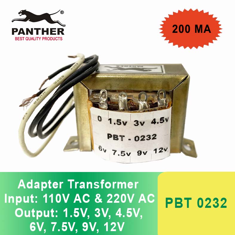 Panther Adapter Transformer 200 MA, Input 110V AC & 220V AC, Output 1 ...