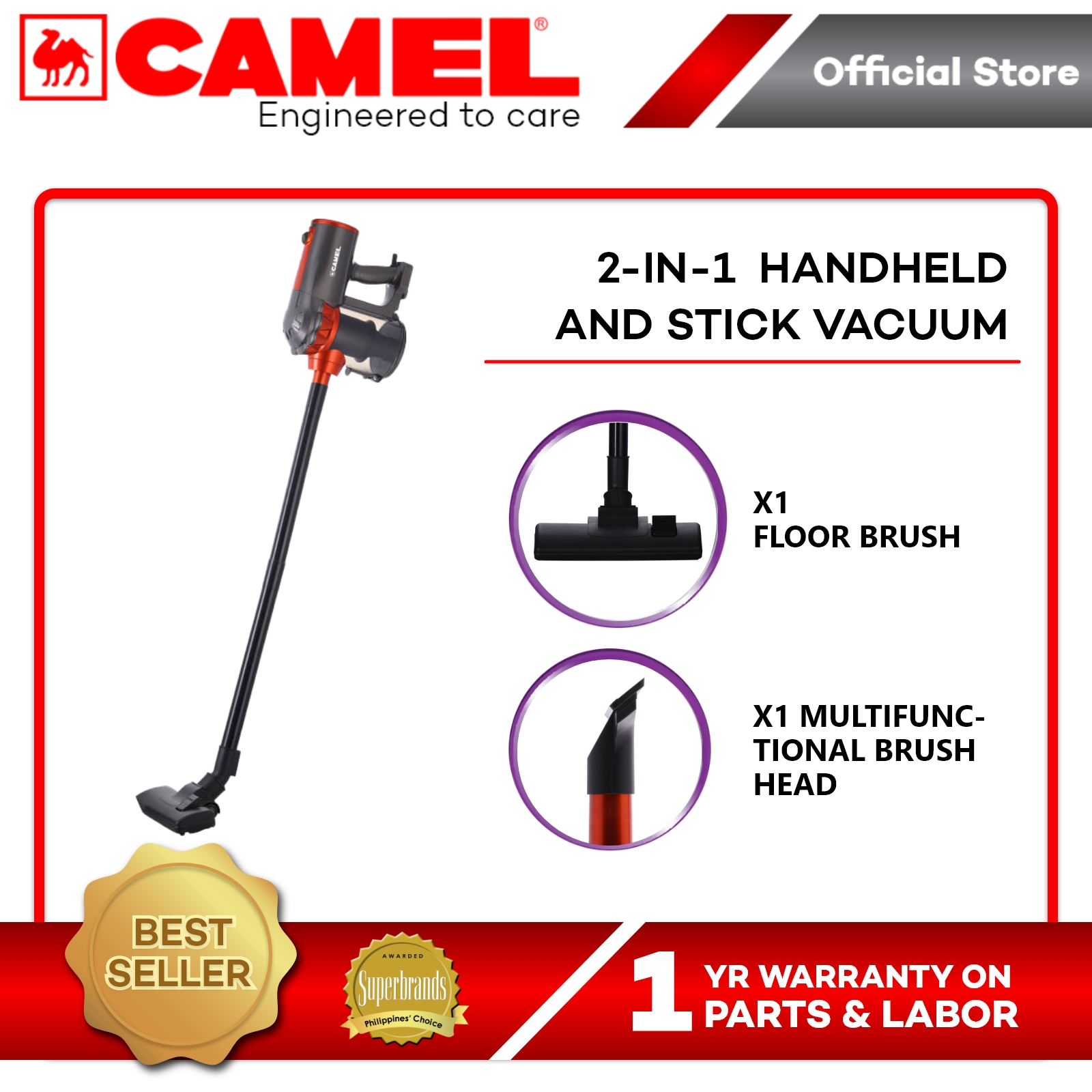 Camel CVC-601S 2-in-1 Handheld and Stick Vacuum 17KPa (Gray and Orange ...