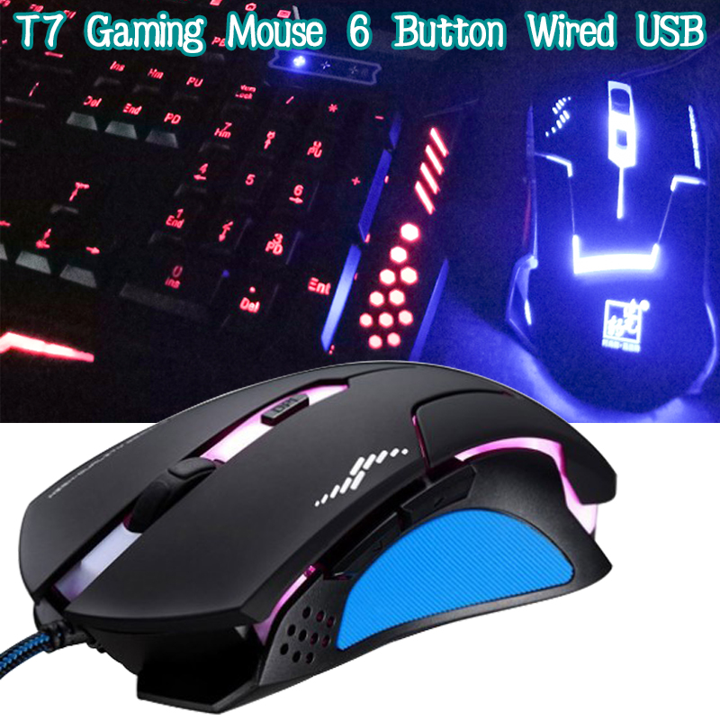 T7 Gaming Mouse 6 Button Wired USB 2400 DPI Optical Mouses Ergonomic Mechanical Appearance Soft ...