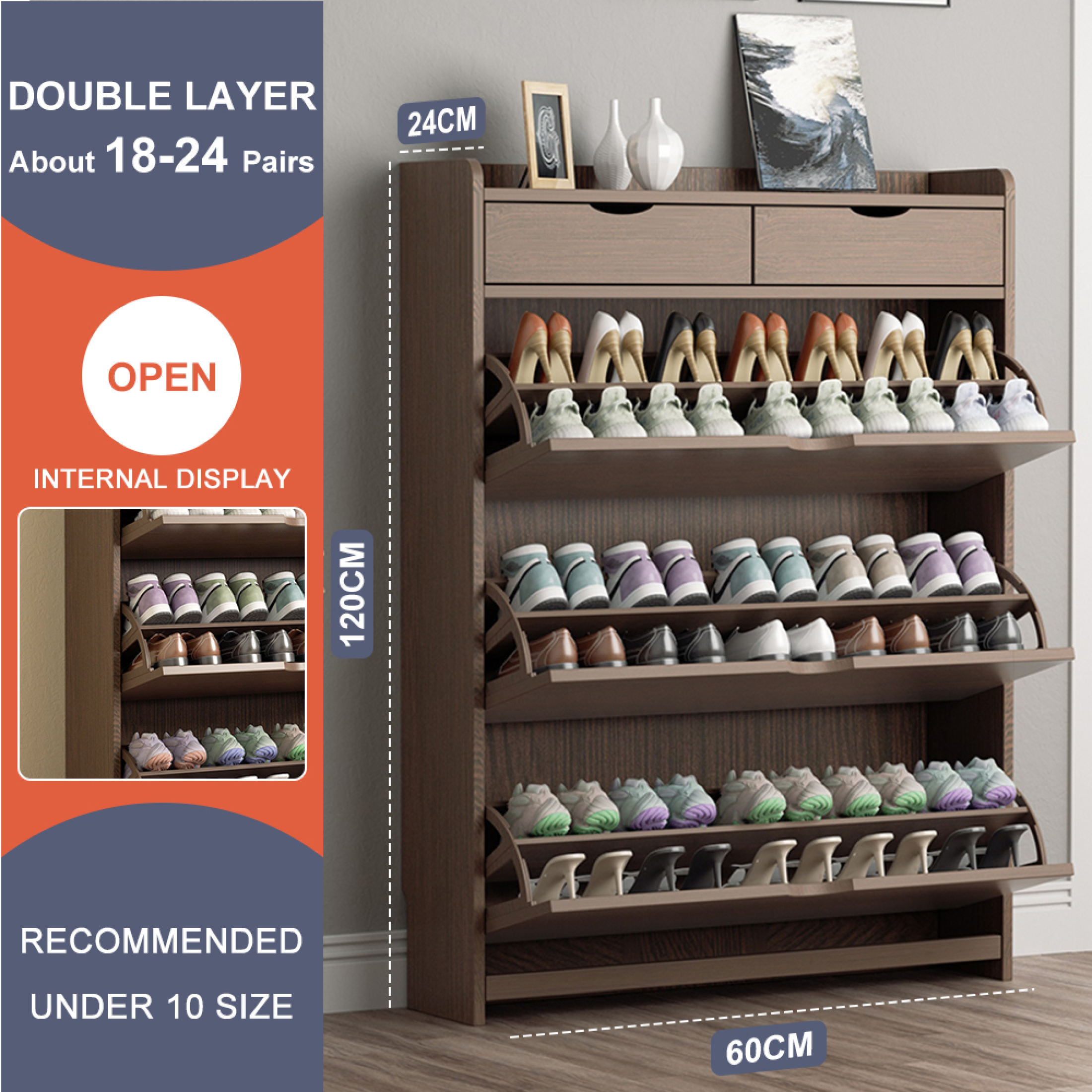 CASA Modern Wood Shoe Cabinet Wooden Flip Shoe Large Storage Flip Rack ...