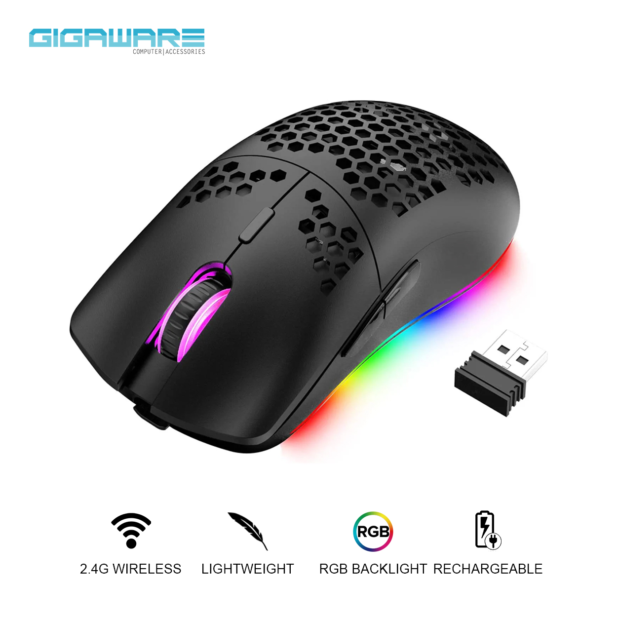 Gigaware XYH80 2.4G Wireless RGB Mouse Honeycomb Shell Ultralight ...