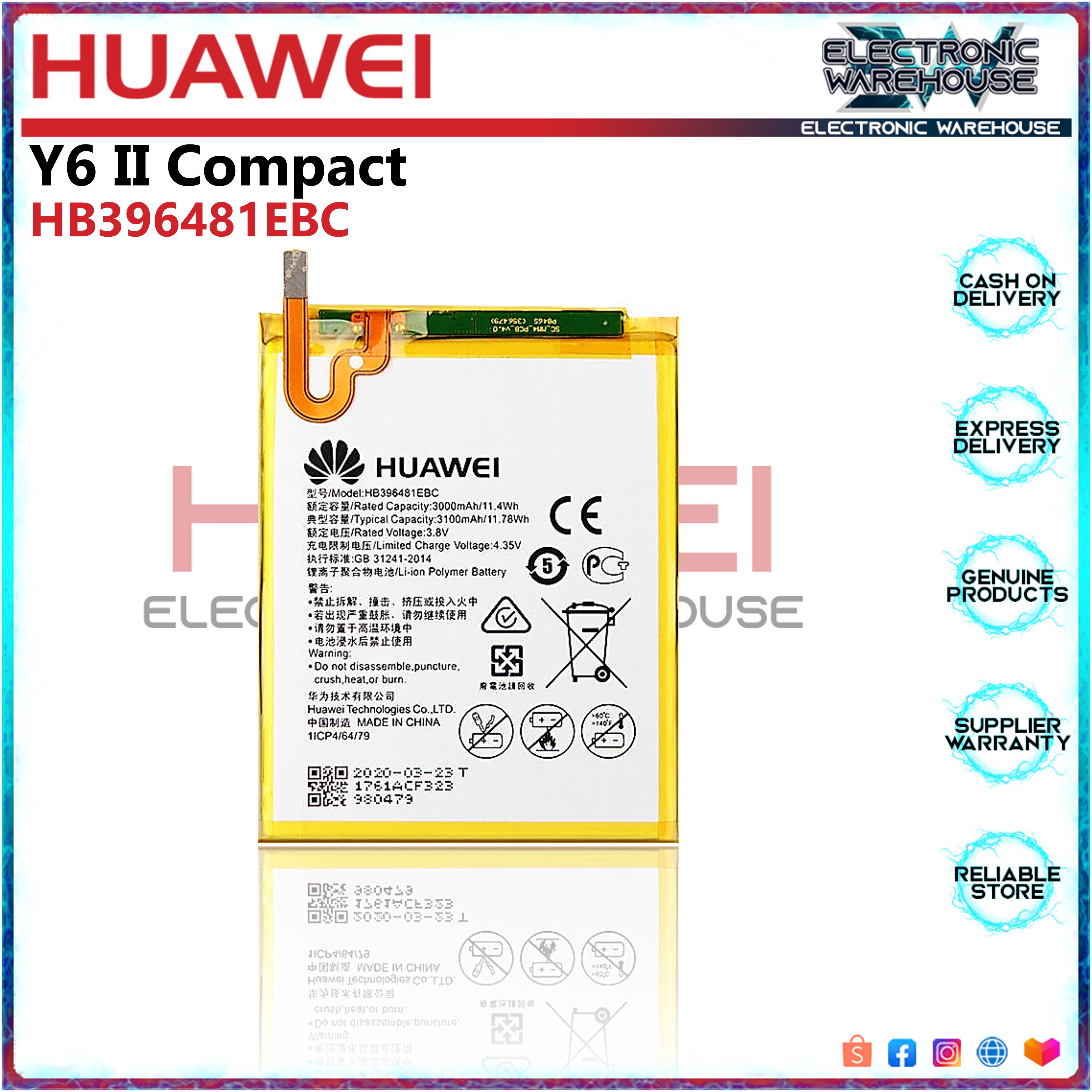 New Huawei Y6 II Compact Battery HB396481EBC 3000mAh Capacity | Lazada PH