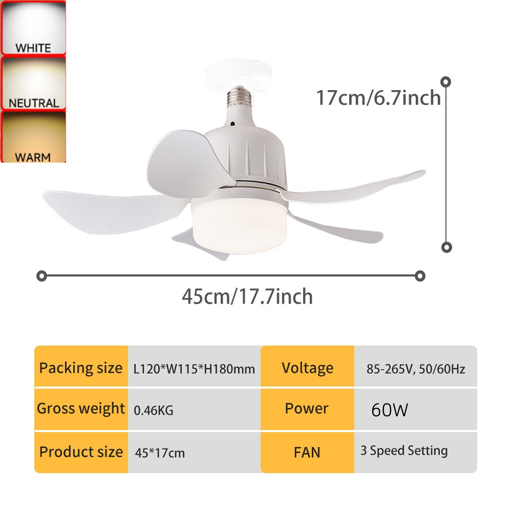 Jiditech 45CM-60W E27 Ceiling Fan With Light Remote 3 Color Control 2 ...