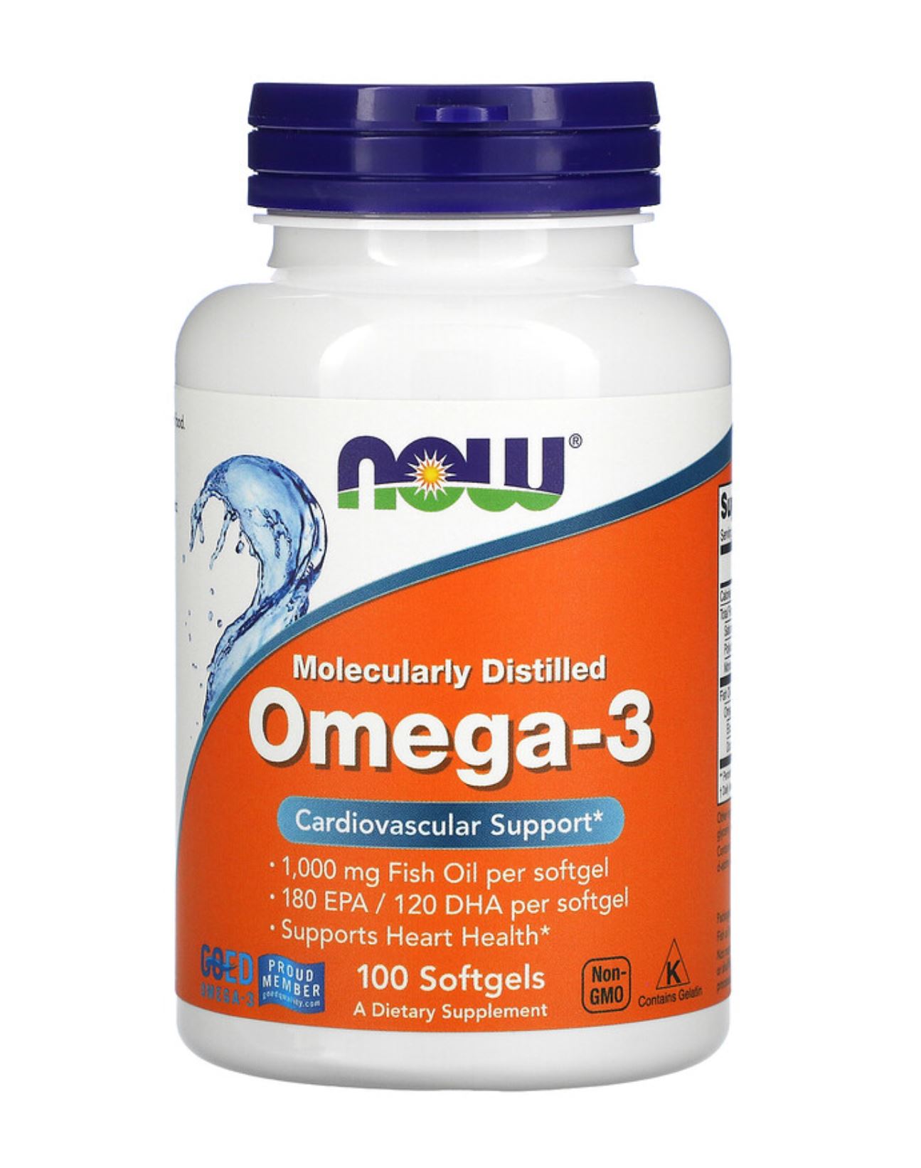 Now Foods Molecularly Distilled Omega-3 1000mg Fish Oil 180 EPA 120 DHA ...