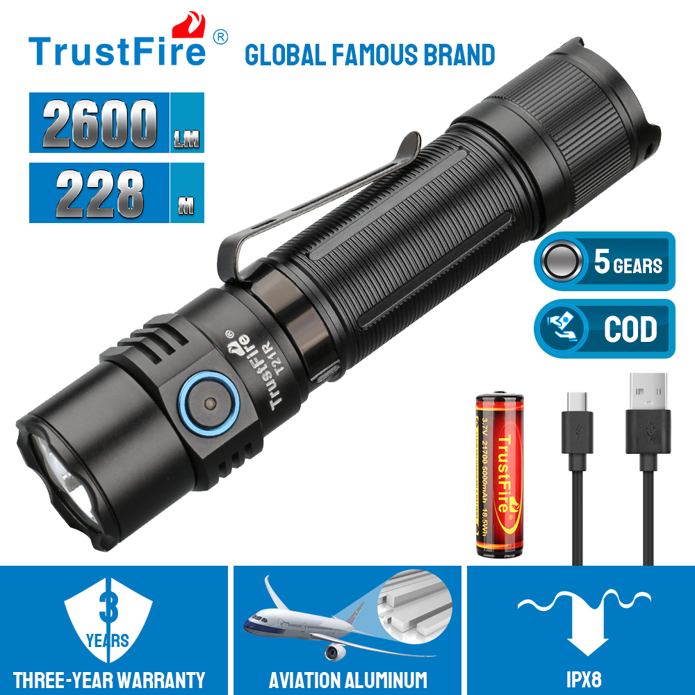TrustFire T21R 2600lm LED Tactical Flashlight Rechargeable,Type-c ...