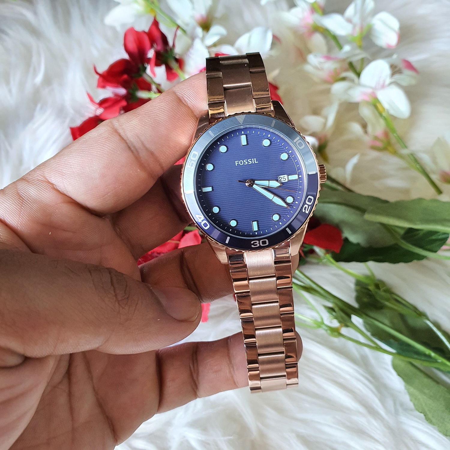 Fossil. BQ3597 Dayle Three-Hand Date Two-Tone Watch-Rose Gold Blue Dial ...