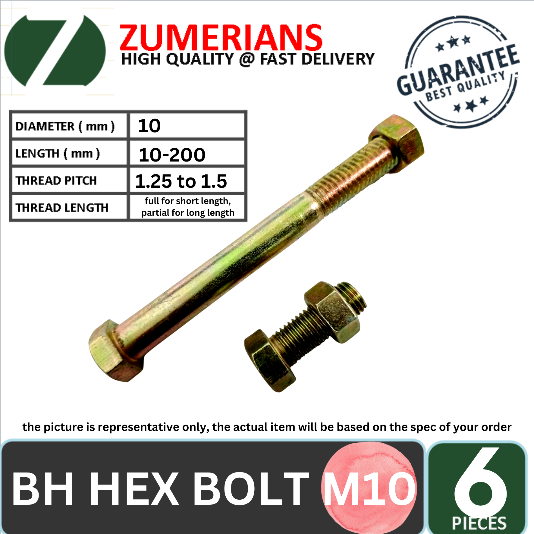 BH Tetanized Zinc Coated Hex Bolt M10, Size 10 mm diameter, 15 mm to ...