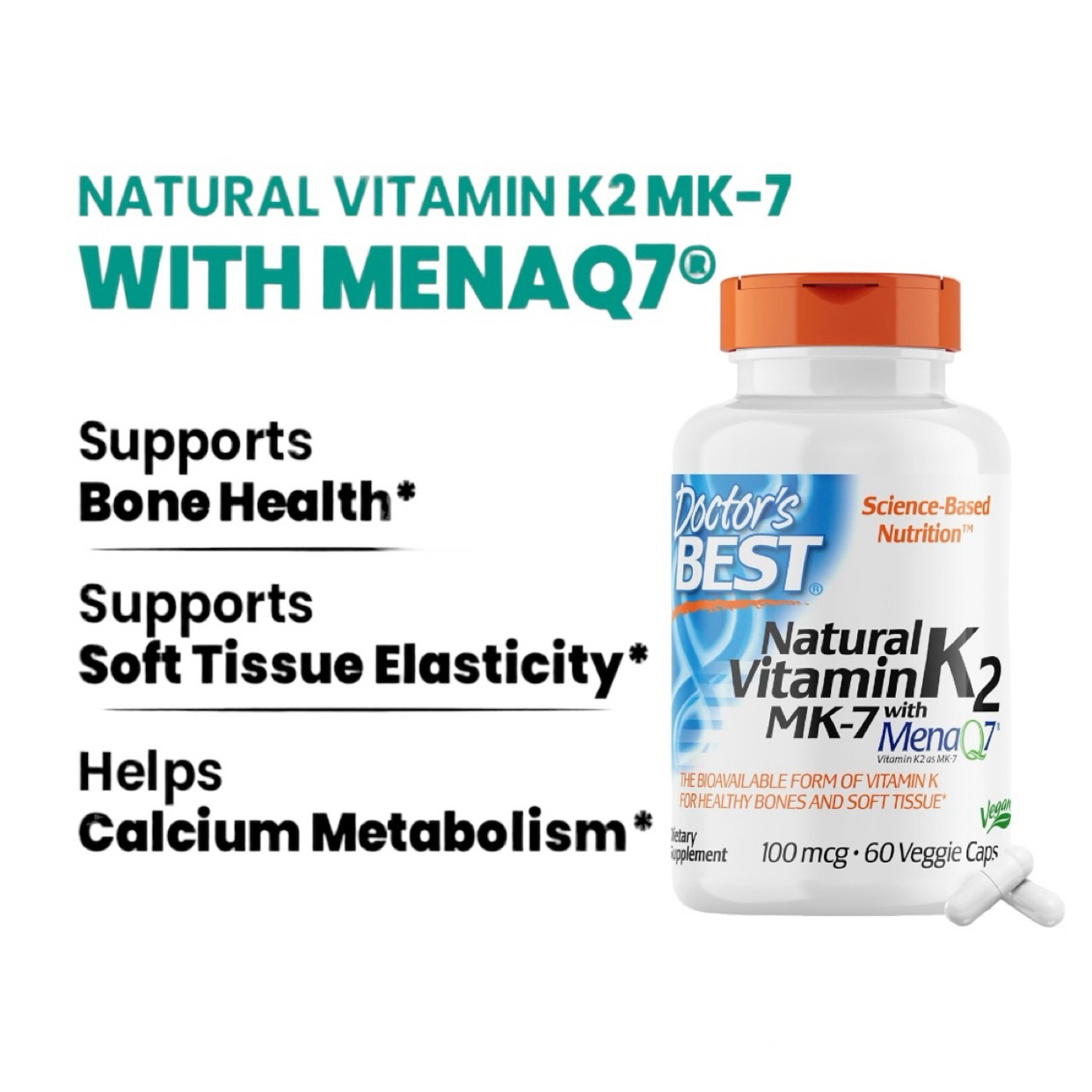 DoctorsBEST Natural Vitamin K2 MK-7 with MenaQ7, 100 mcg, 60 Veggie ...