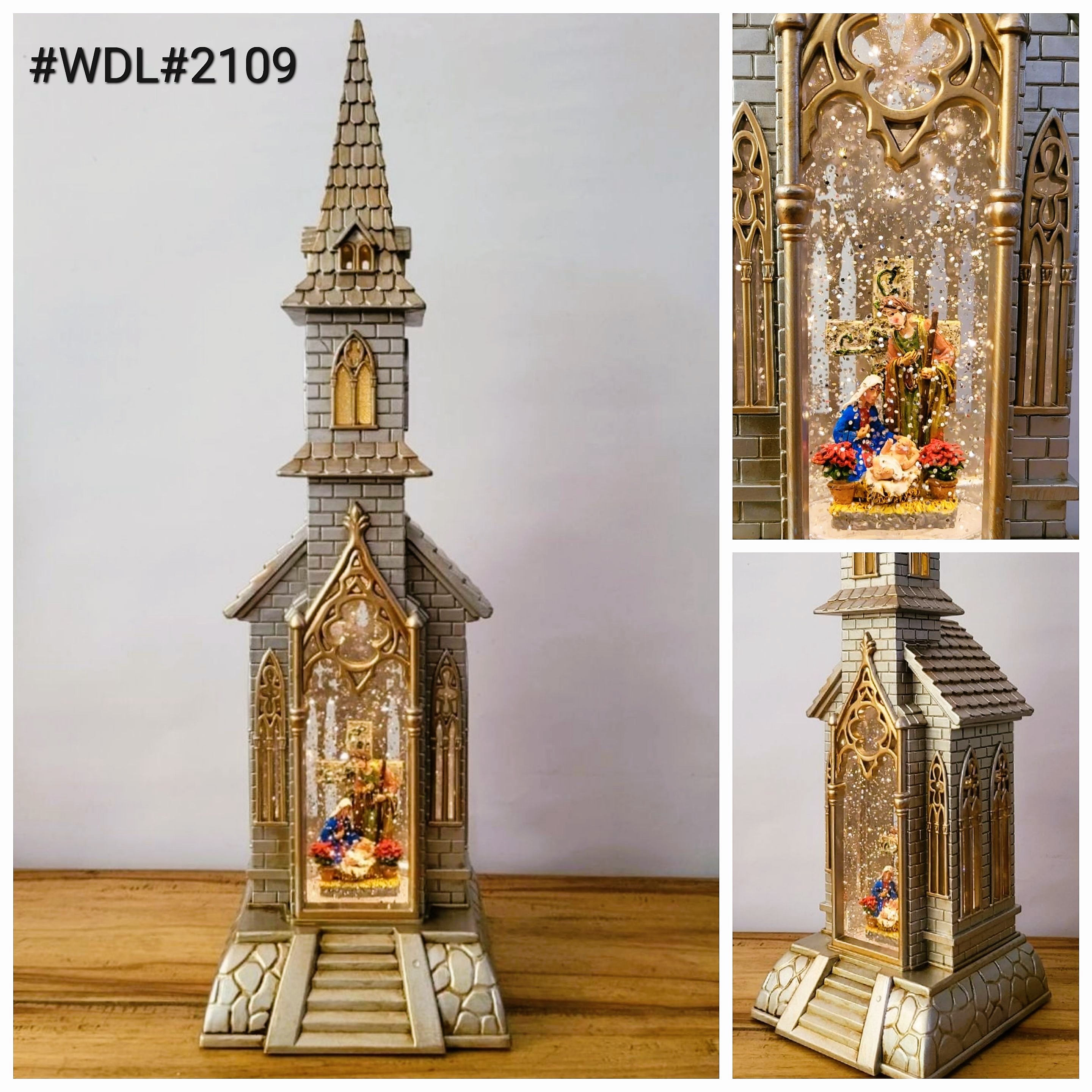 SINGLE TOWER CHURCH WITH HOLY FAMILY #2109 Musical Lighted Swirling ...