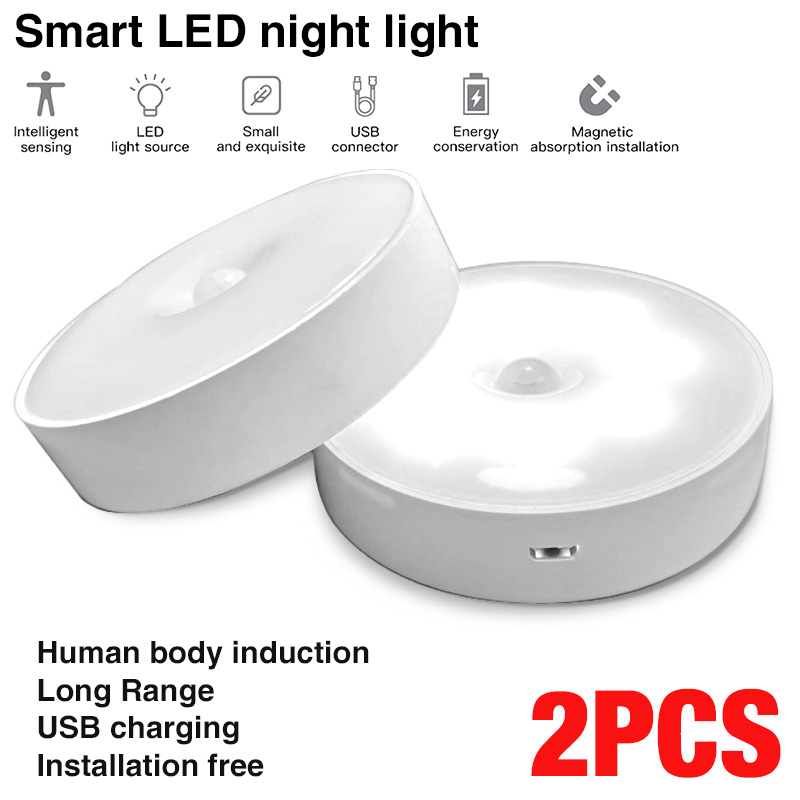 2PCS USB Wireless Sensor Round Night Light Charging LED Mini Light ...
