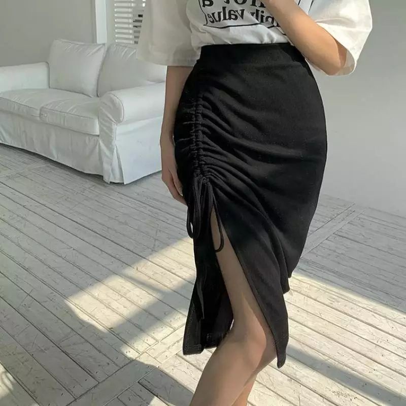 two way midi skirt side string women skirt with slit knitted ruched ...