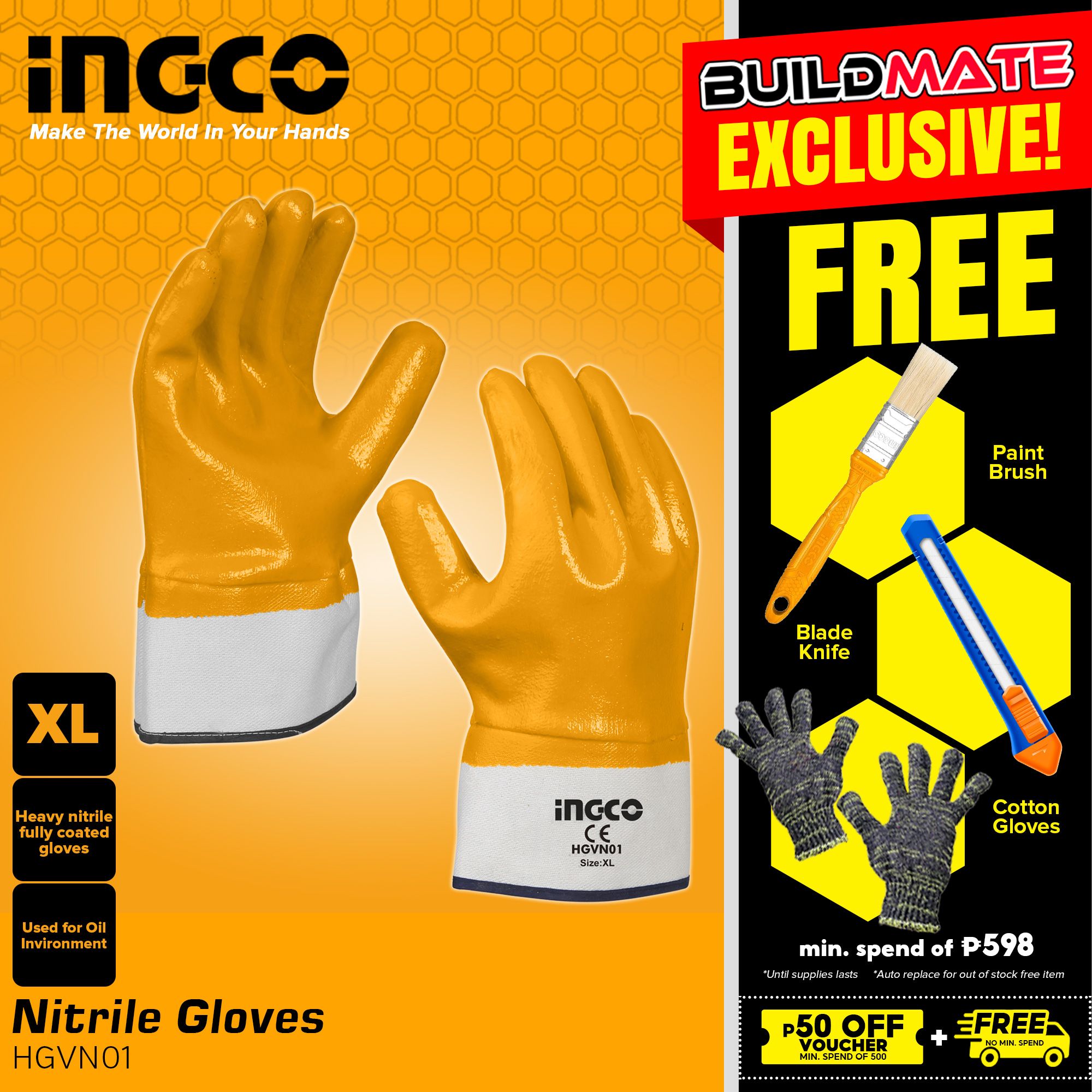INGCO Fully Coated in Heavy Nitrile Gloves XL HGVN01 •BUILDMATE• IHT ...