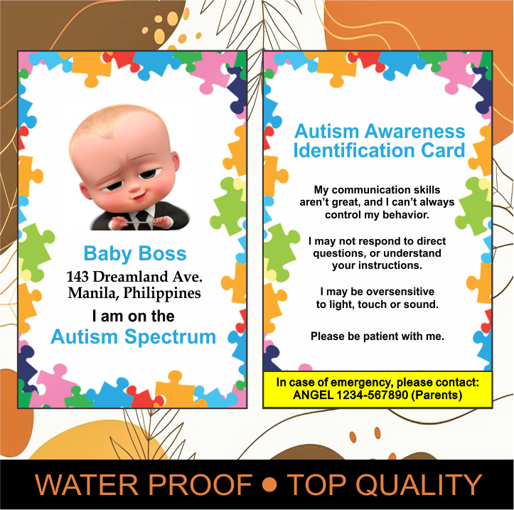 AUTISM / DOWN SYNDROME / ADHD Identification card, PVC TYPE ATM SIZE ...