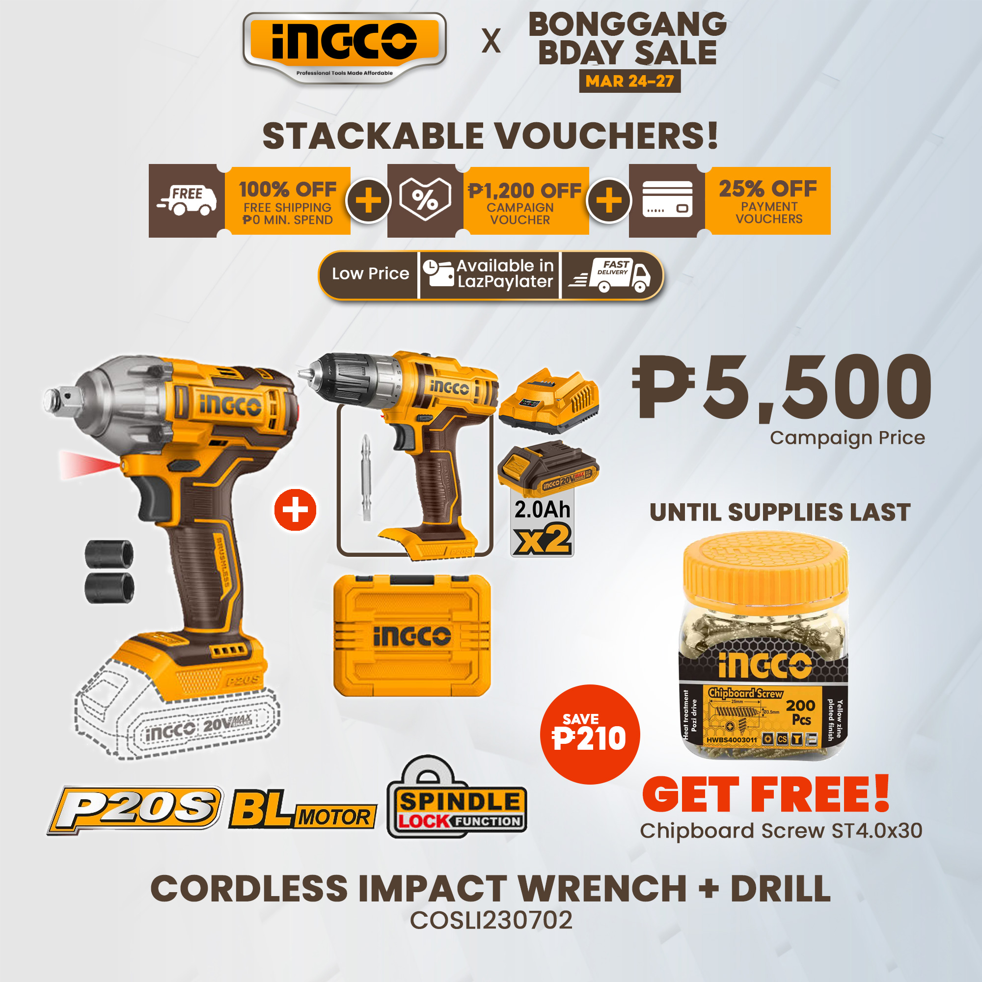 Ingco 20V Lithium-Ion Cordless Drill and Impact Wrench 2PCS Combo Kit ...