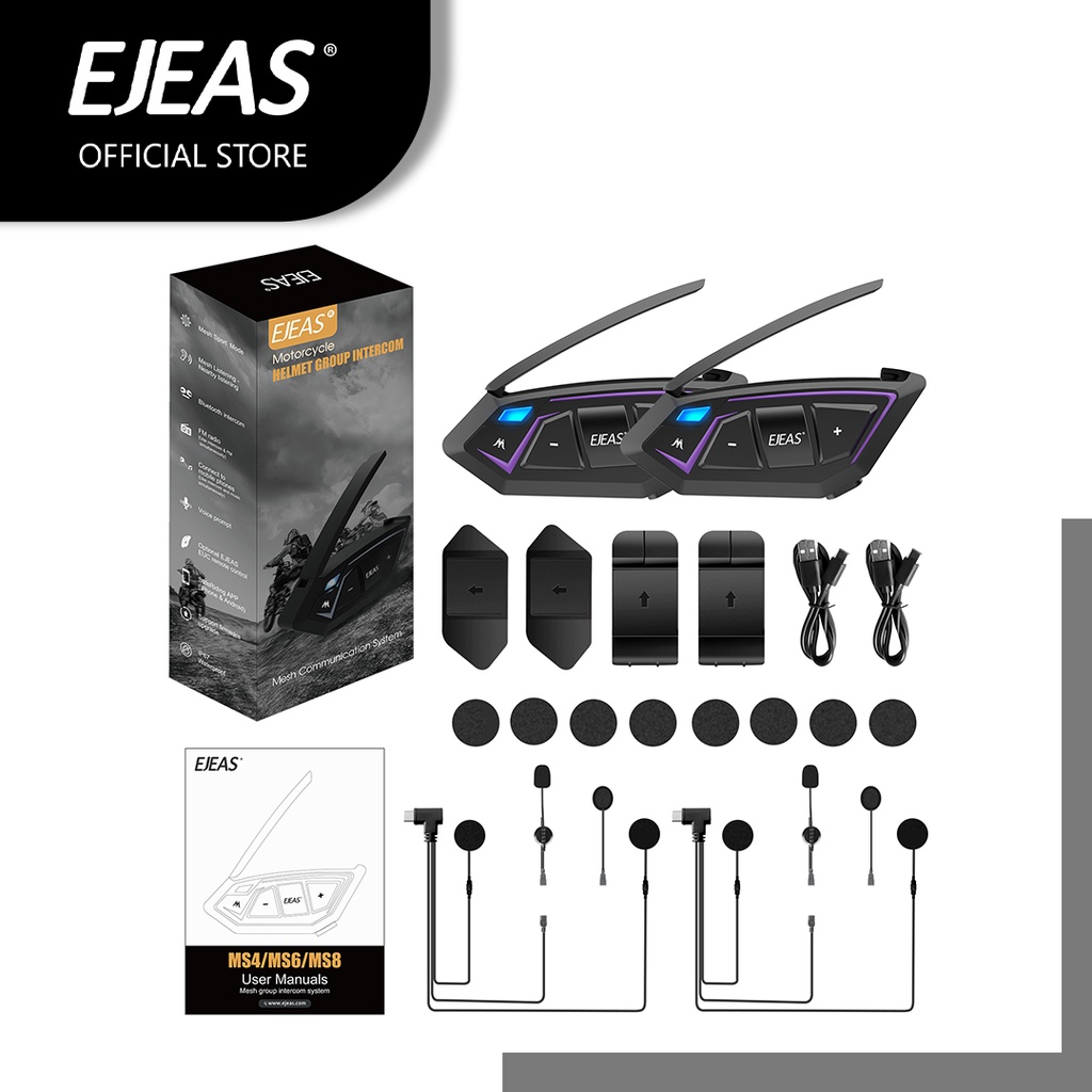 EJEAS Mesh8 Motorcycle Intercom Helmet Headset Bluetooth 5.1 Quick Pair ...