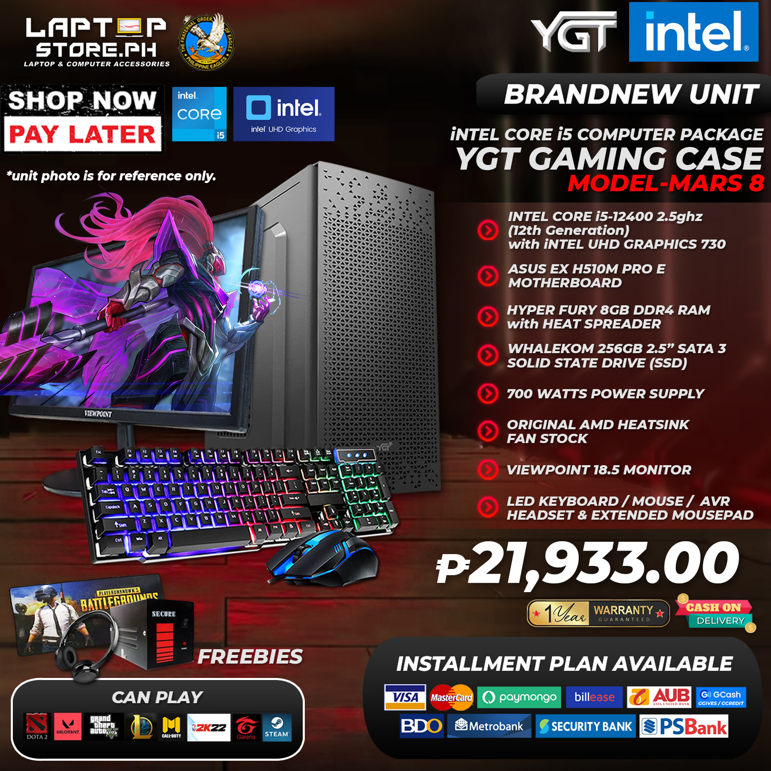 BRANDNEW Computer Set CPU-YGT MARS 8 Casing-Intel Core i5 12400 2.5ghz ...