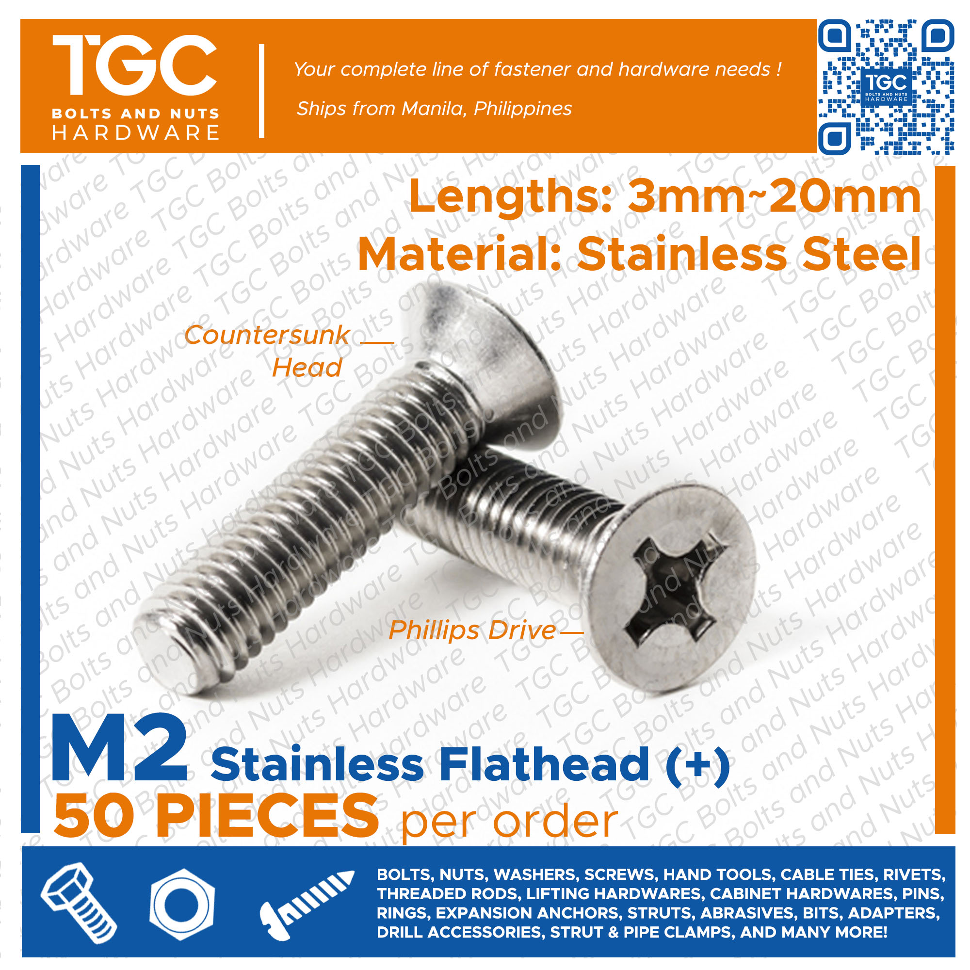 TGC 50PCS M2 x 3~25mm SS Flathead Phillips Drive / SUS Countersunk JF ...