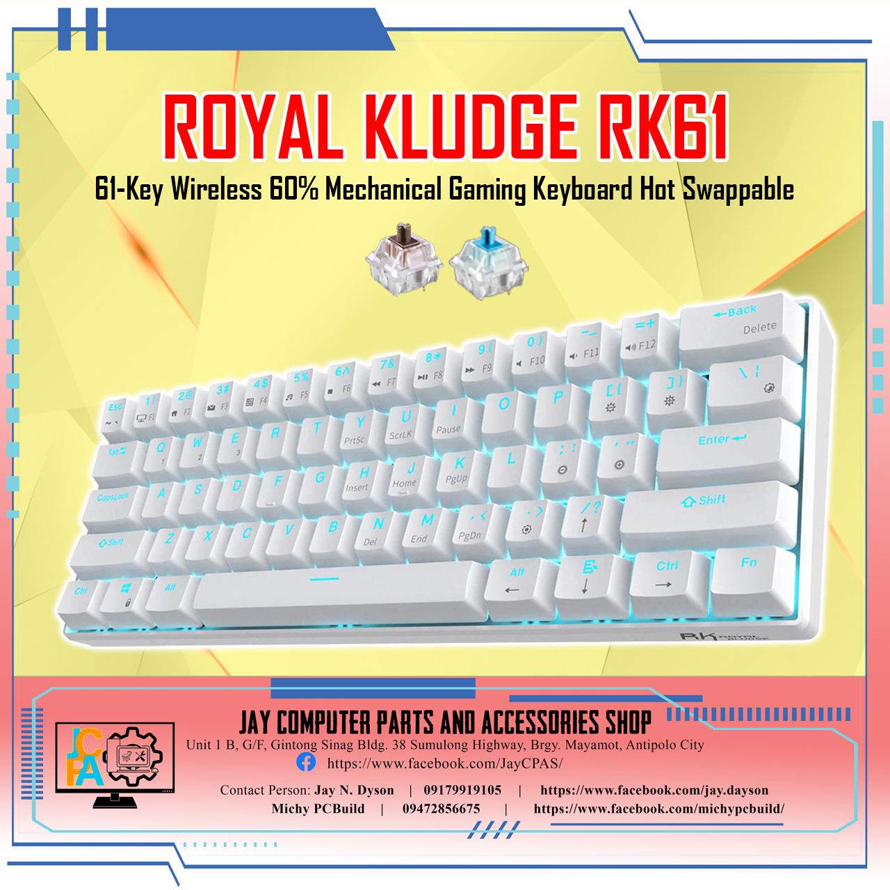 Royal Kludge RK61 61-Key Wireless 60% Mechanical Gaming Keyboard Hot ...