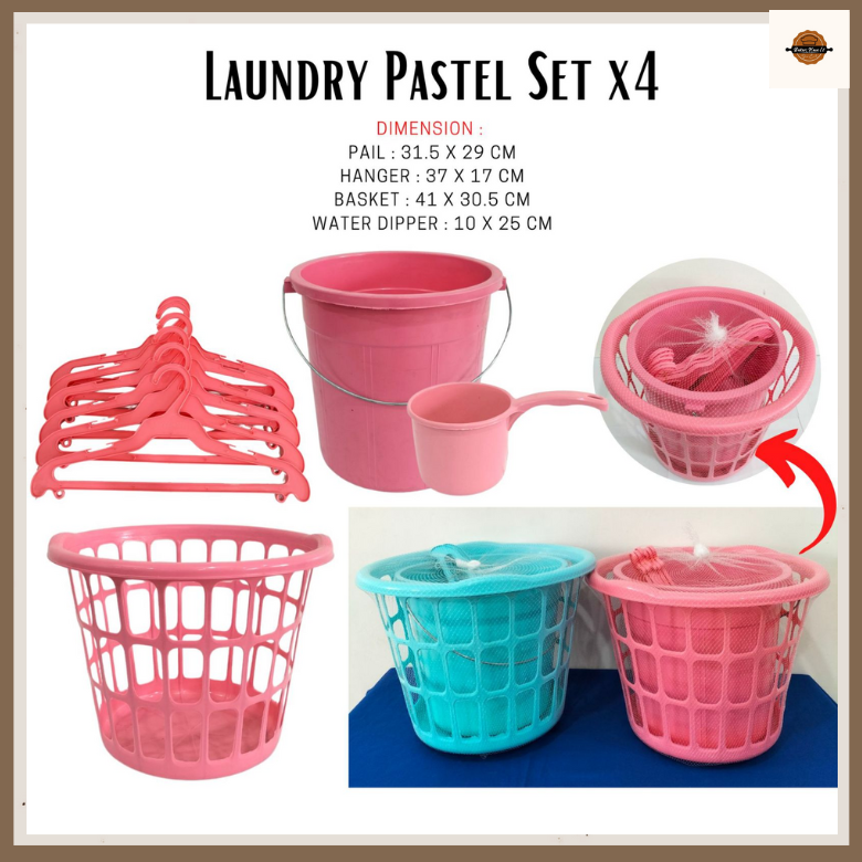 LAUNDRY PASTEL SET 4/ LAUNDRY BASKET/ WATER DIPPER/ PAIL/ HANGER/ 4 IN ...